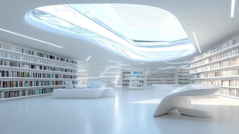 Futuristic and Spacious White Public Library Featuring Bookshelves and ...