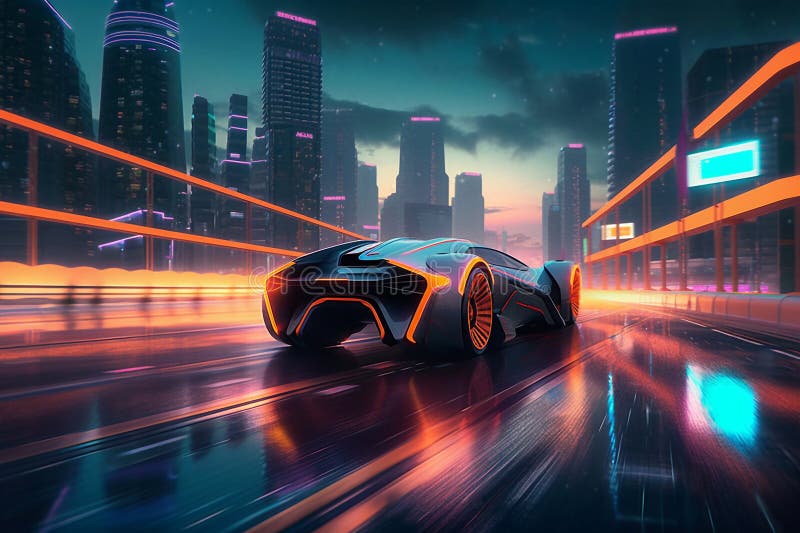 Futuristic Speed Racing through Neon City. Generative AI Stock ...