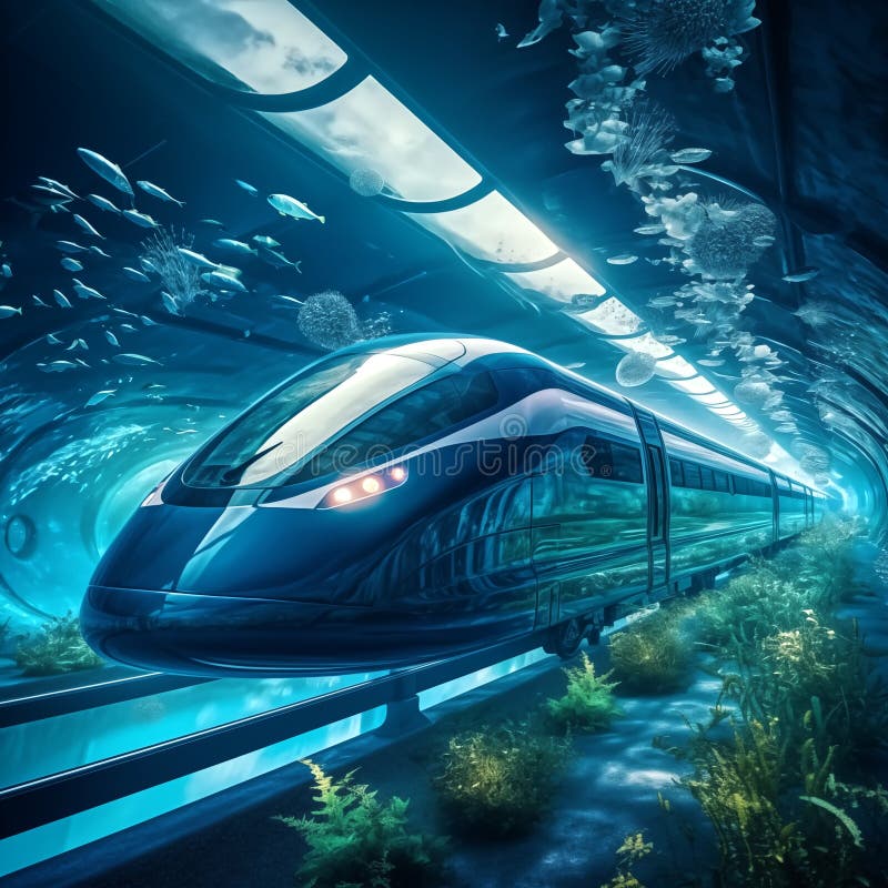 Futuristic Speed Train in Transparent Tunnel Underwater Stock ...