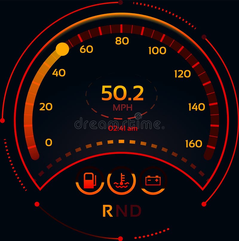 Futuristic Speedometer Featuring Illuminated Orange and Red Markings ...