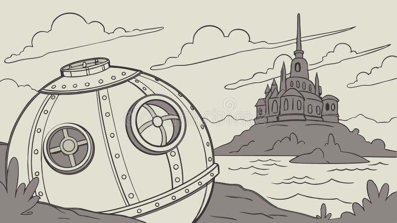 Futuristic Sphere with Ancient Castle on Distant Hill, Vector Design ...
