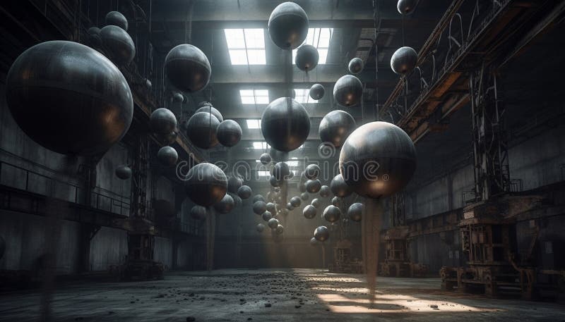 A Futuristic Sphere Illuminates a Dark Factory Floor Indoors Generated ...