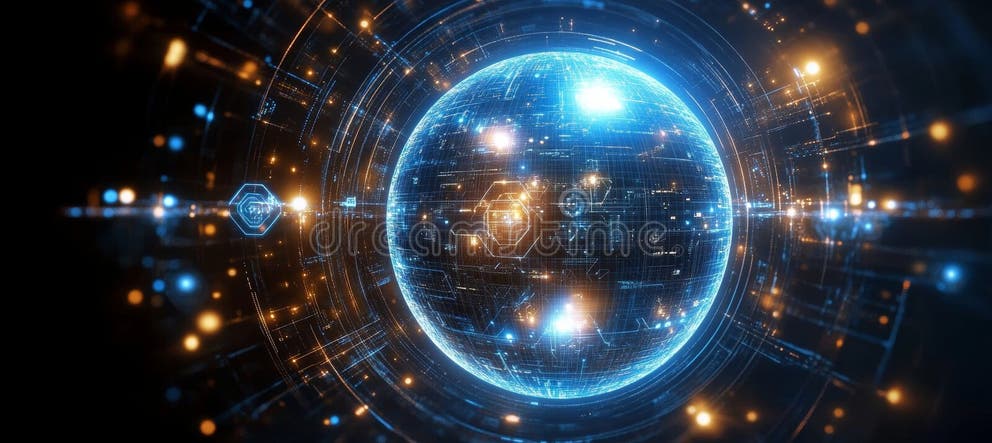 Futuristic Sphere Shield with HUD Elements and Glowing Blue Hexagon ...