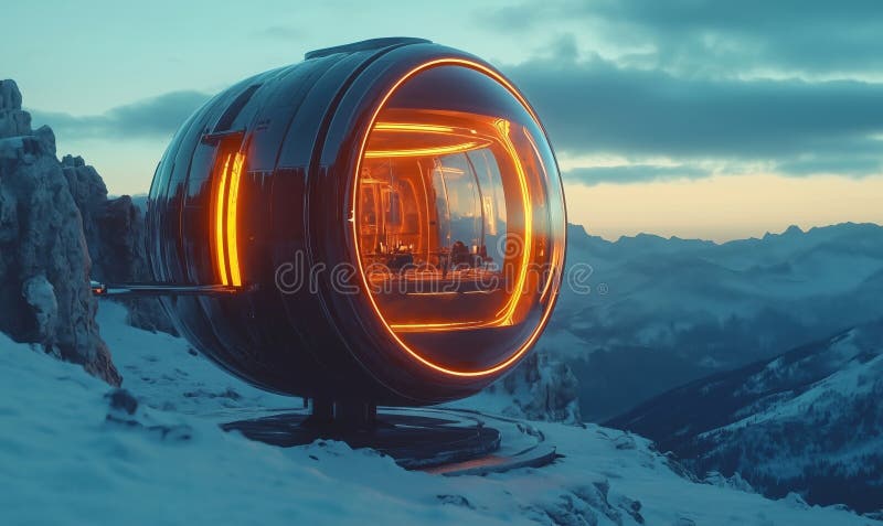 Futuristic Spherical Cabin with Glowing Lights in Snowy Mountain ...
