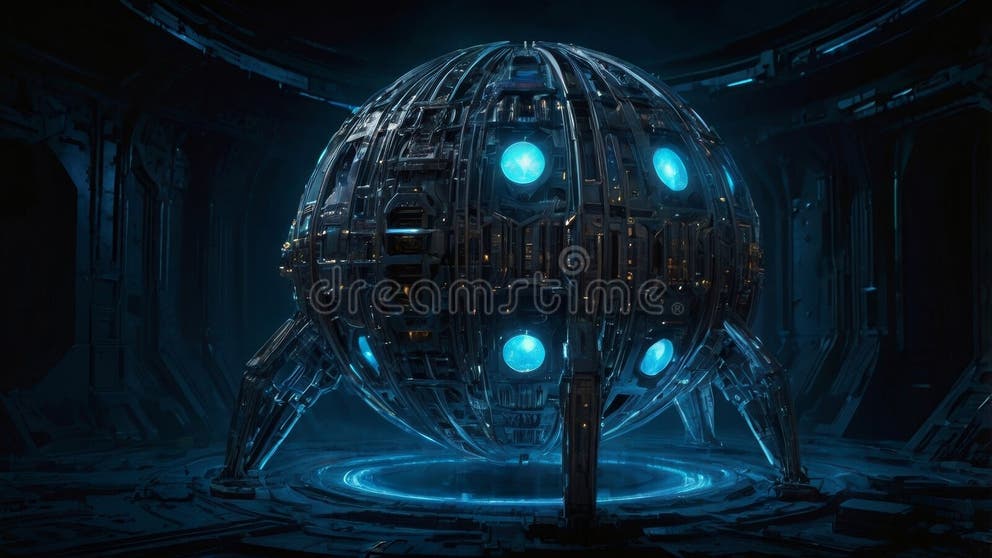 A Futuristic Spherical Machine with Glowing Blue Lights Stock ...