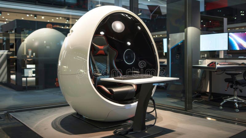 Futuristic Spherical Workstation with Computer in Modern Interior Stock ...