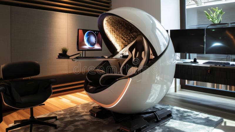 Futuristic Spherical Workstation with Computer in Modern Interior Stock ...