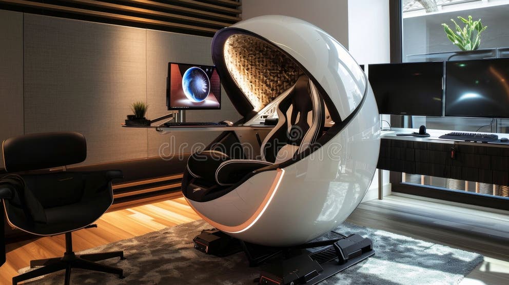 Futuristic Spherical Workstation with Computer in Modern Interior Stock ...