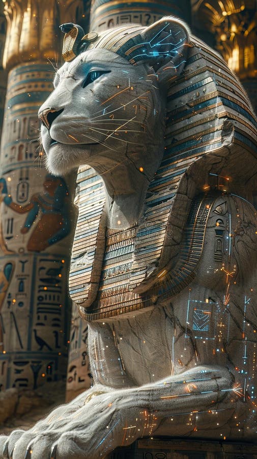 Futuristic Sphinx in a Digital Giza with Holographic Hieroglyphics and ...