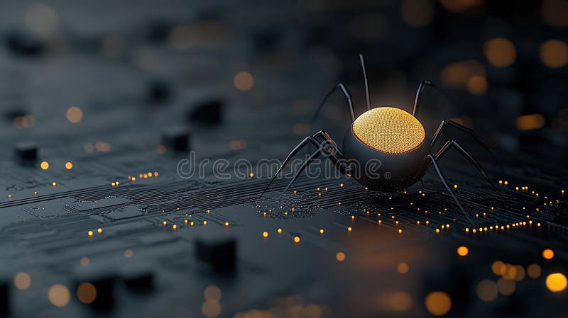 Futuristic Spider Robot on a Circuit Board Glowing Lights Dark ... Futuristic Spider Robot on a Circuit Board Glowing Lights Dark ...