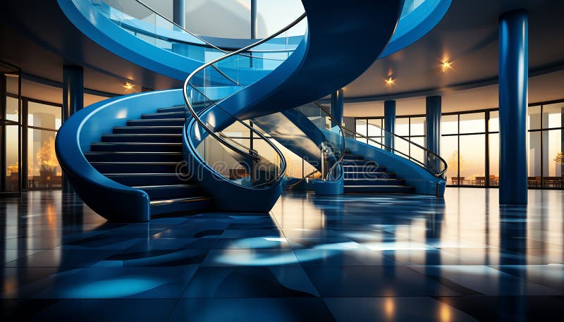 Futuristic Spiral Staircase Reflects Modern Architecture in Bright Blue ...