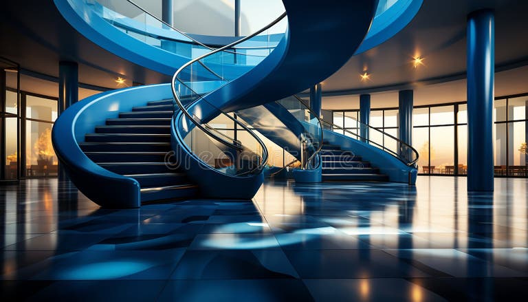 Futuristic Spiral Staircase Reflects Modern Architecture in Bright Blue ...