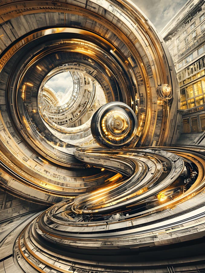 Futuristic Spiral Structure with Golden Accents Stock Photo - Image of ...