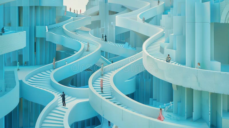 Futuristic Spiral Walkway with Geometric Architecture and Figures Stock ...