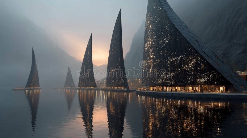 Futuristic Spire Architecture Reflected in Water at Twilight Stock ...