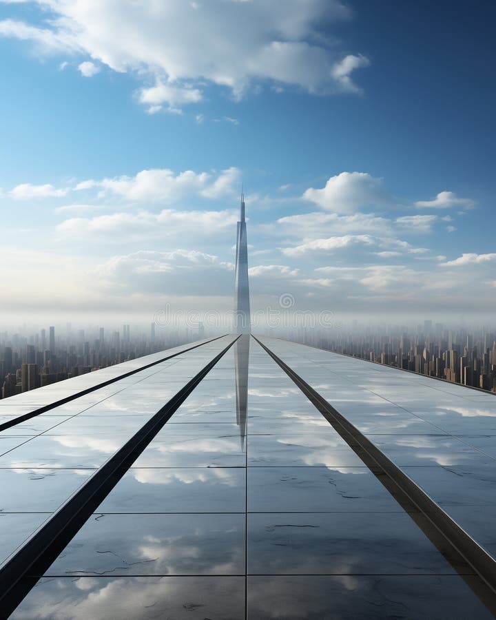 Futuristic Spire Tower Over a Reflective Urban Skyline Stock Illustration - Illustration of ...