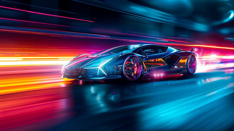 Futuristic Sport Car Driving Speedily with Light Reflections in the ...