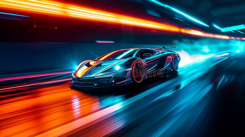 Futuristic Sport Car Driving Speedily with Light Reflections in the ...