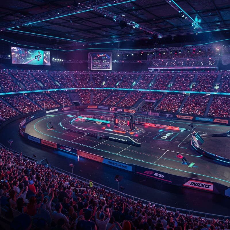 Futuristic Sports Arena Filled with Spectators, Featuring a Sleek ...