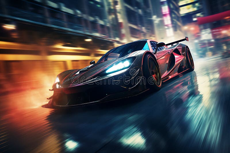 Futuristic Sports Car in the City at Night. 3d Rendering Stock ...