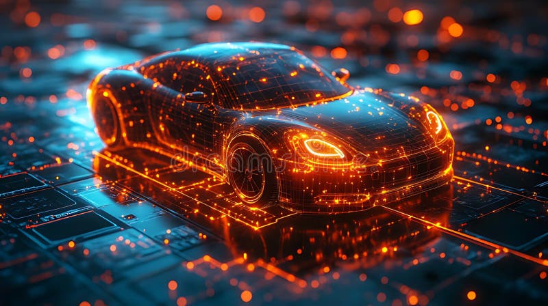Futuristic Sports Car Digital Model on Circuit Board Stock Illustration ...