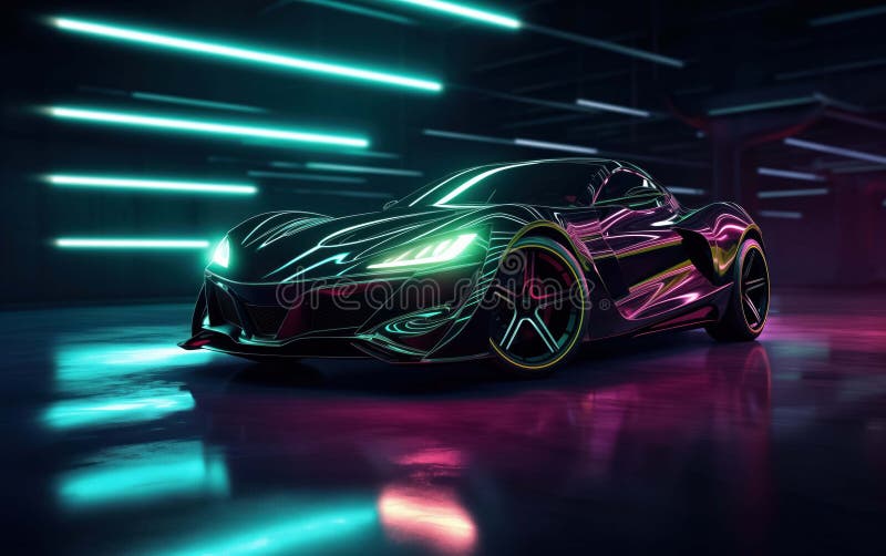 Futuristic Sports Car in Neon Light Close-up Stock Illustration ...
