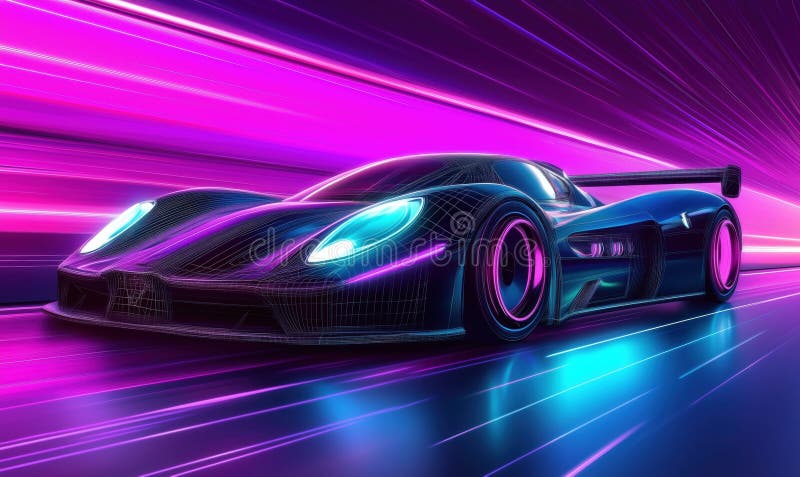 Futuristic Sports Car in Neon Lights with Wireframe Design and Motion ...