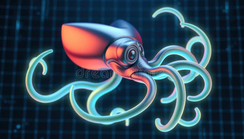 Futuristic Squid with Glowing Tentacles in a Digital Underwater Scene ...