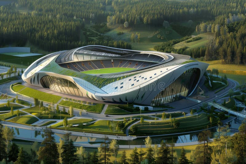 Futuristic Stadium Amidst Green Nature Stock Photo - Image of clouds ...