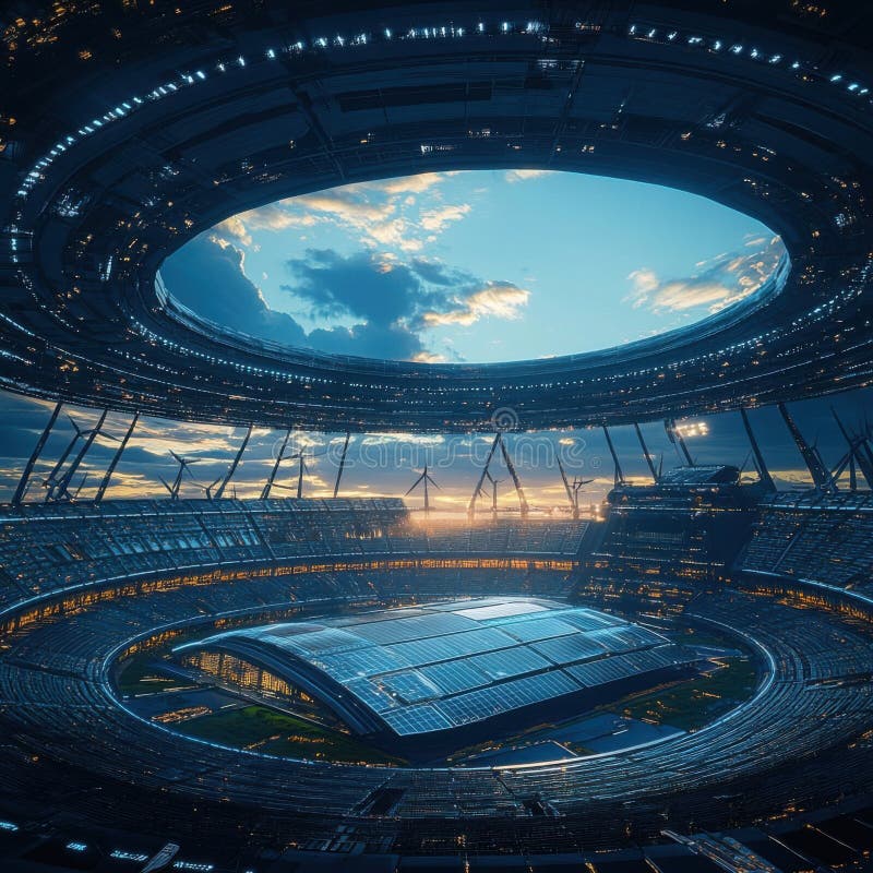 Futuristic Stadium Design with Dramatic Sky and Green Energy Features ...