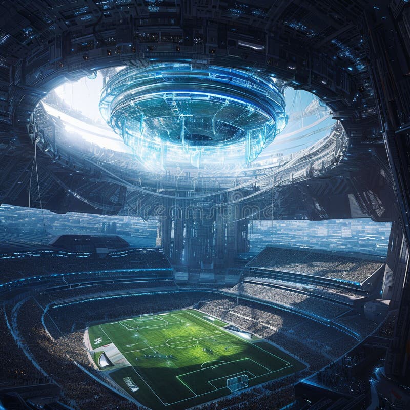 Futuristic Stadium Filled with Cheering Fans Under a Hovering ...