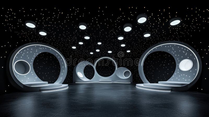 A Futuristic Stage with a Black Background, White Lights, and Silver ...