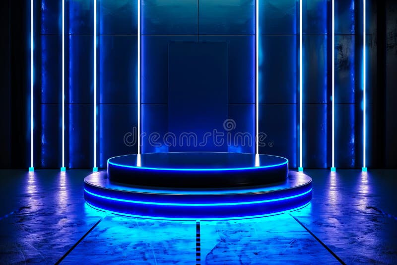 A Futuristic Stage with Blue Lights and a Circular Platform Stock Image ...