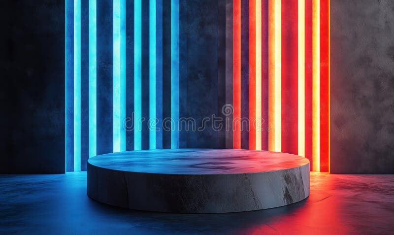 Futuristic Stage with Blue and Red Neon Lights and Circular Platform ...
