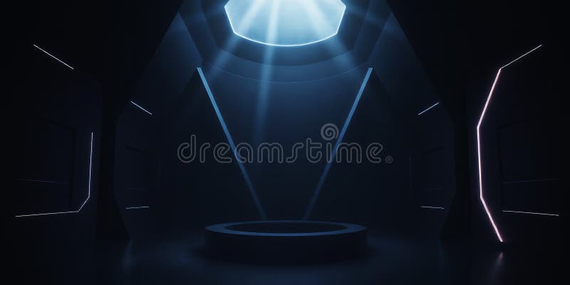 A Futuristic Stage with a Circular Platform and Neon Lights in a Dark ...