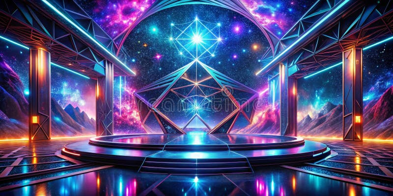 Futuristic Stage Design with Neon Lights and Celestial Backdrop ...