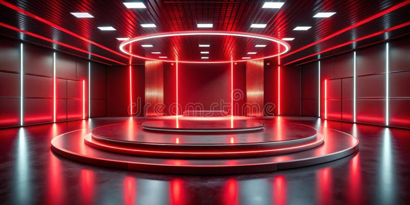 Futuristic Stage Design with Red Neon Lighting and Circular Platform ...
