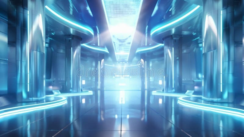 A Futuristic Stage Design with Sleek Silver Structures and Holographic ...