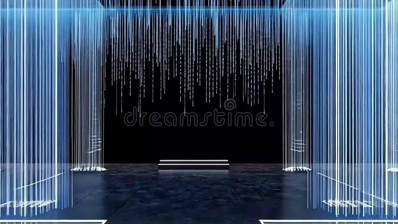 Futuristic Stage with a Digital Waterfall Backdrop, Lit by Blue and ...