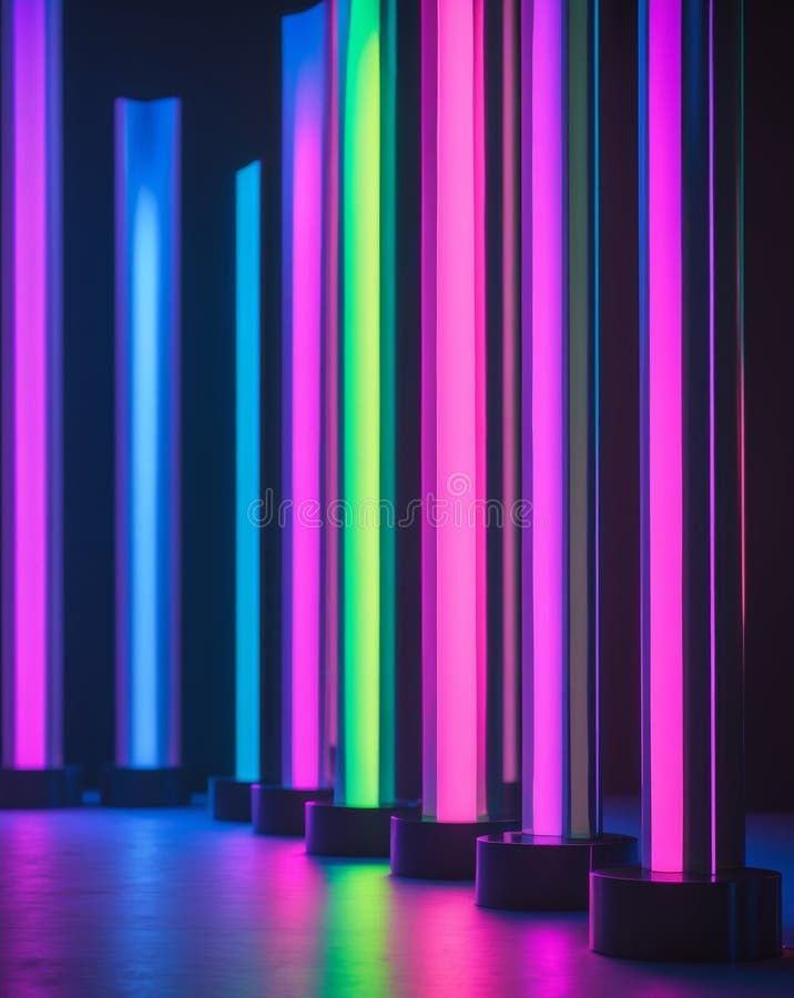 Futuristic Stage and Glowing Columns in Bright Neon Colors. Stock Image ...