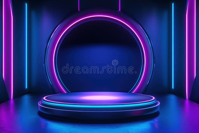 Futuristic Stage with Glowing Neon Lights and Circular Podium, Ideal ...