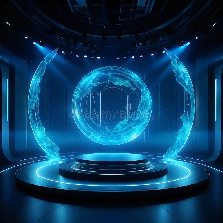 Futuristic Stage with Holographic Sphere and Elevated Platform Stock ...