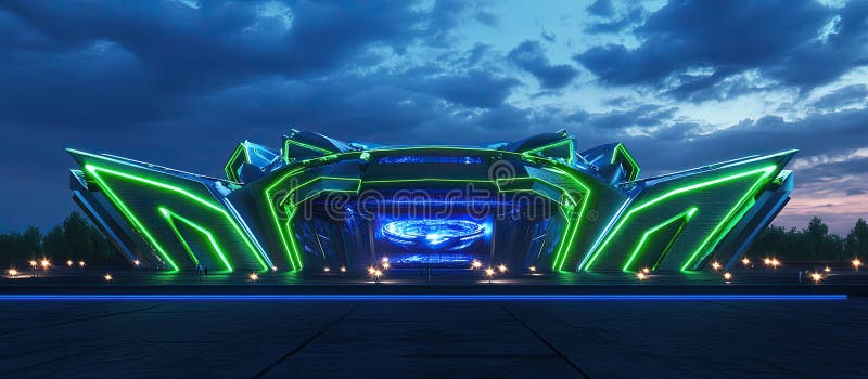 Futuristic Stage Illuminated with Neon Lights Under a Dramatic Sky ...