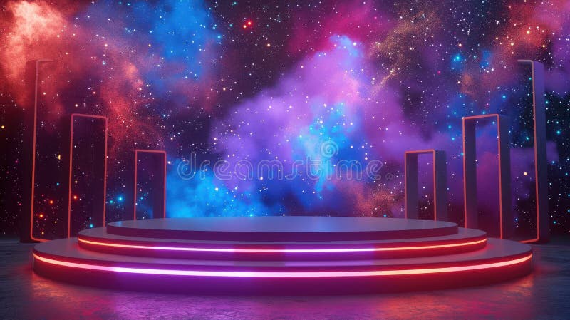 Futuristic Stage with Neon Lights and Cosmic Background Stock ...