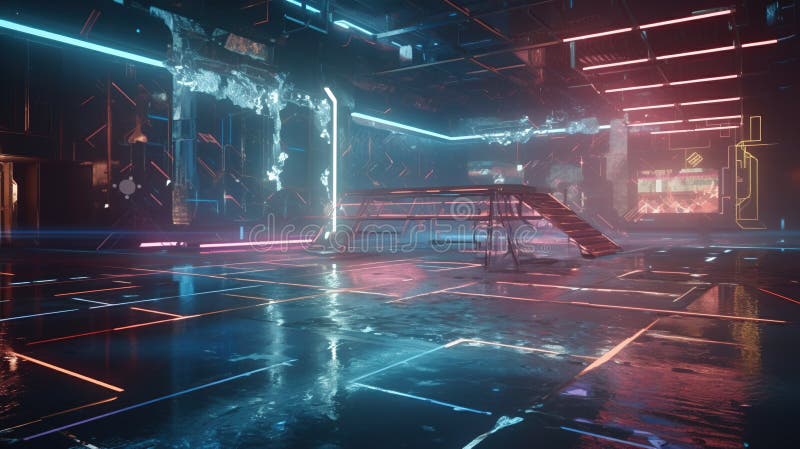 Futuristic Stage with Neon Lights, Digital Art Illustration, Generative ...