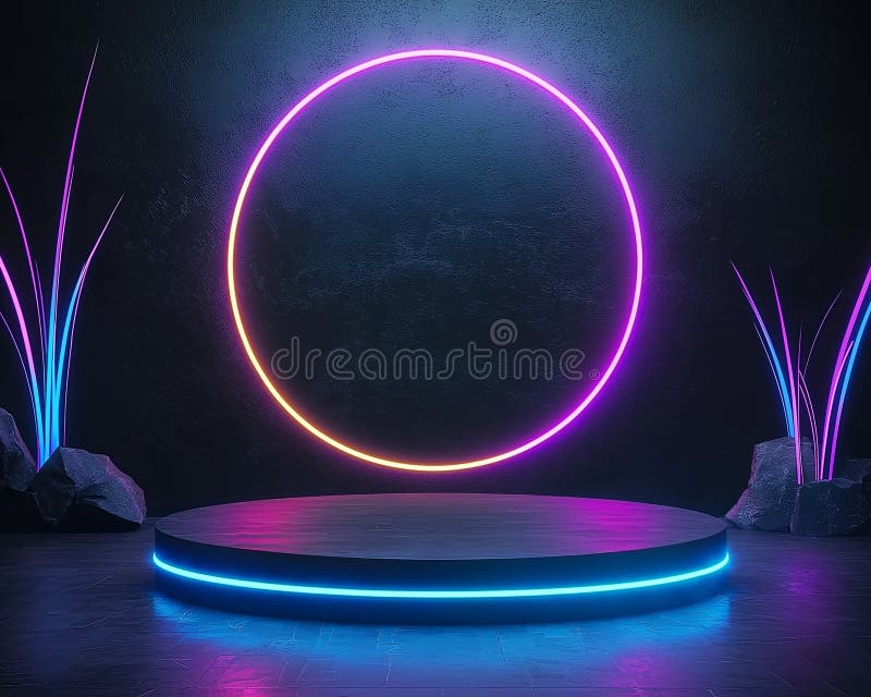 Futuristic Stage with Neon Lights and Glowing Plants, Perfect for ...