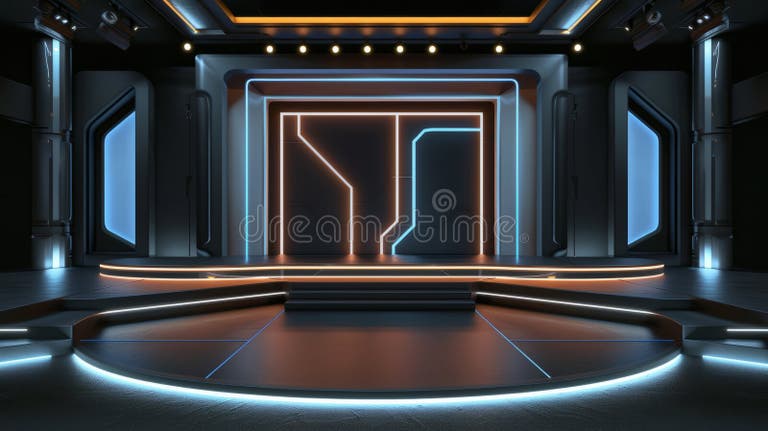 Futuristic Stage with Neon Lights and Modern Design Elements Stock Illustration - Illustration ...