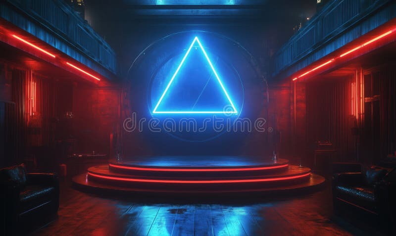 Futuristic Stage with Neon Triangle Symbol and Dramatic Lighting ...