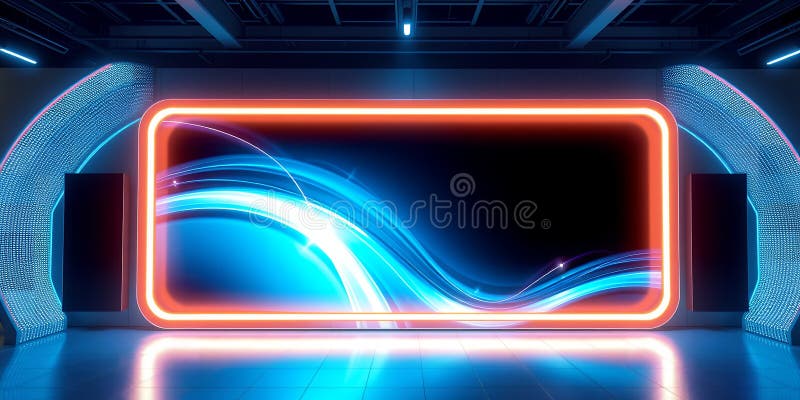 A Futuristic Stage with an Orange Outlined Screen and Blue Wave ...