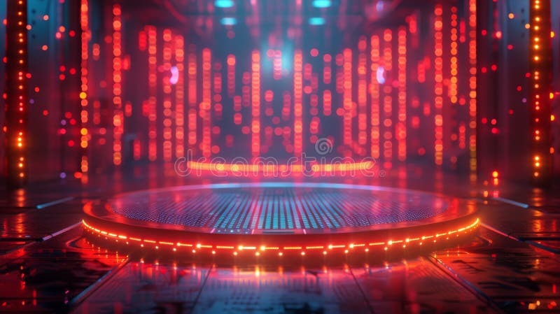 Futuristic Stage with Red Neon Lights and a Circular Platform. the ...